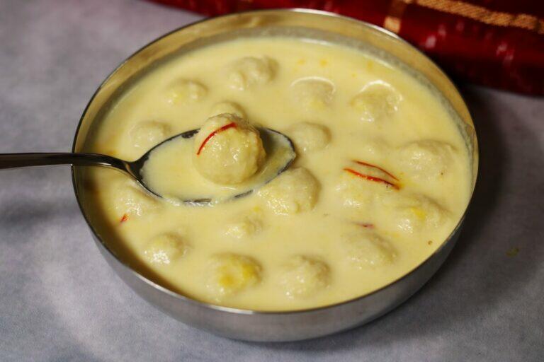 Sudha Sindhu: Almond Paste and Mava Balls Simmered in Saffron Milk